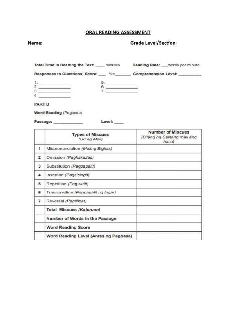 Grade 7 & 8 Oral Reading Assessment | PDF