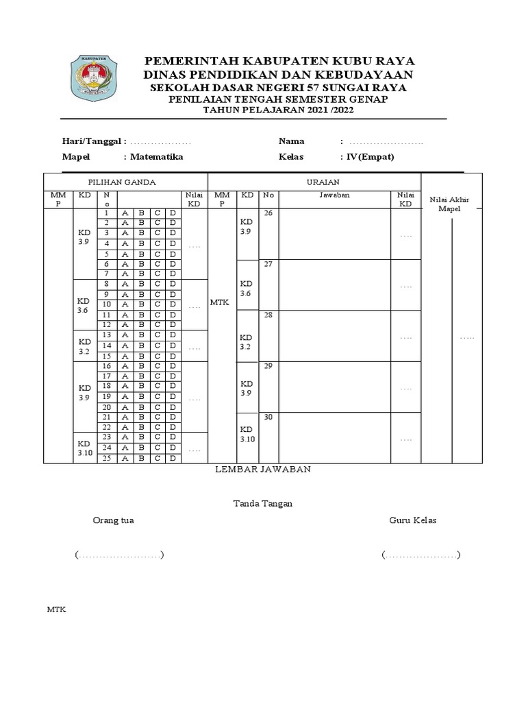 LJK MTK Kelas 4 | PDF