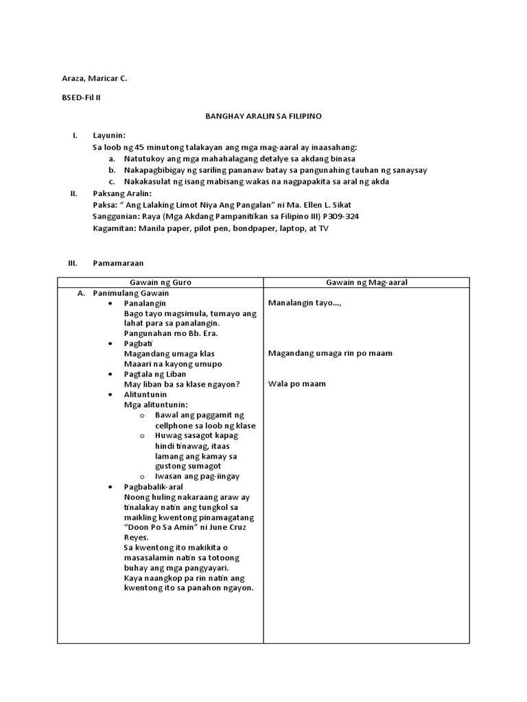 Araza Lesson Plan | PDF