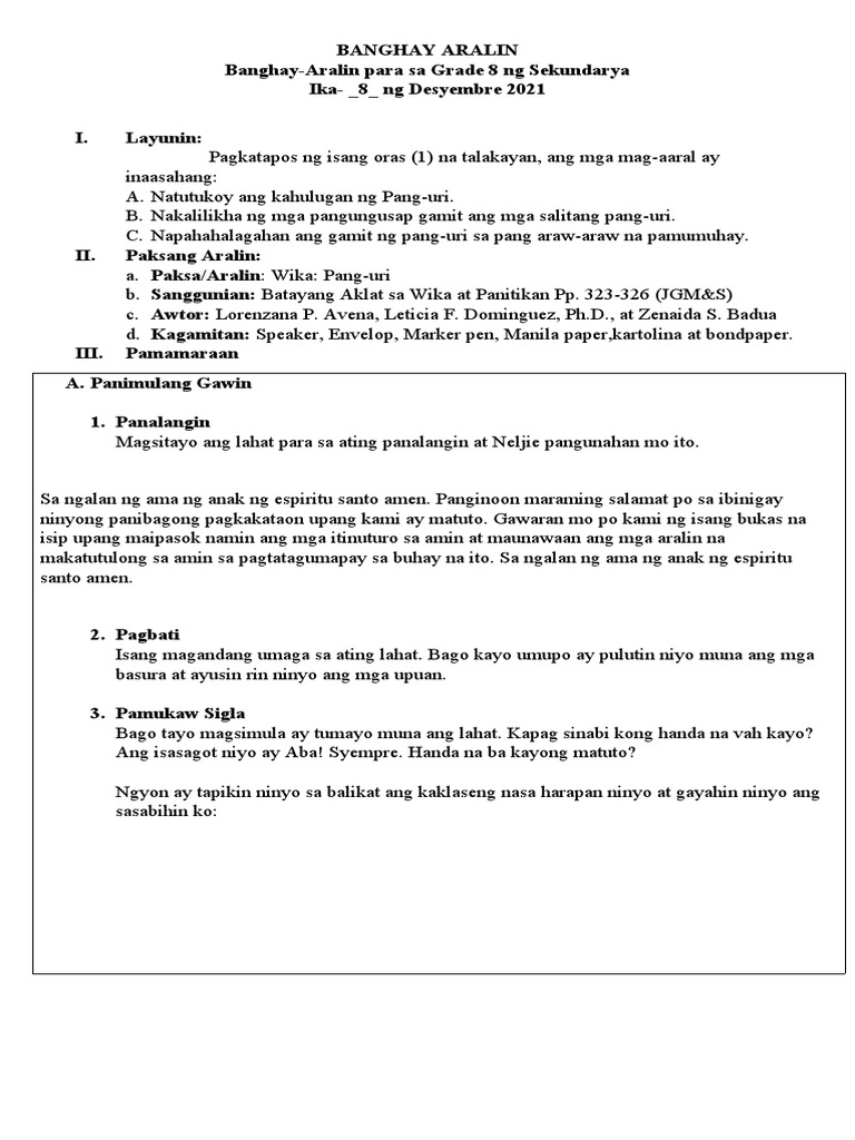 DETALYADONG BANGHAY ARALIN Pang Uri 1 | PDF