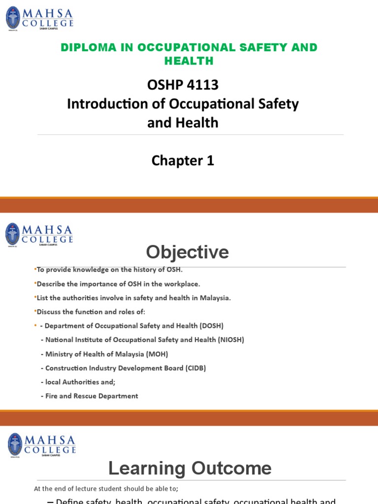 Chapter 1 - Introduction To OSH | PDF | Occupational Safety And Health ...