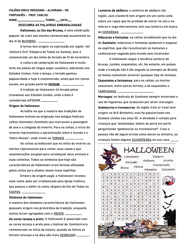 ATIVIDADE PORTUGUÊS HALLOWEEN Erico | PDF | Dia das Bruxas