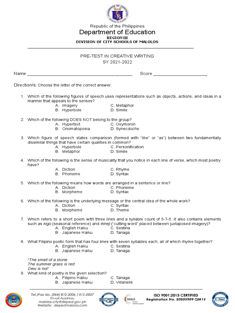 Grade 11 Creative Writing Test Items 1 | PDF | Poetry | Play (Theatre)