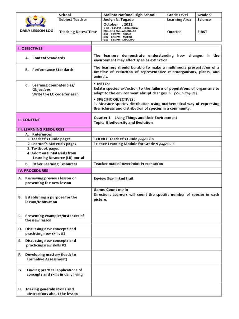 Grade 9 Science Lesson Plan: Biodiversity | PDF