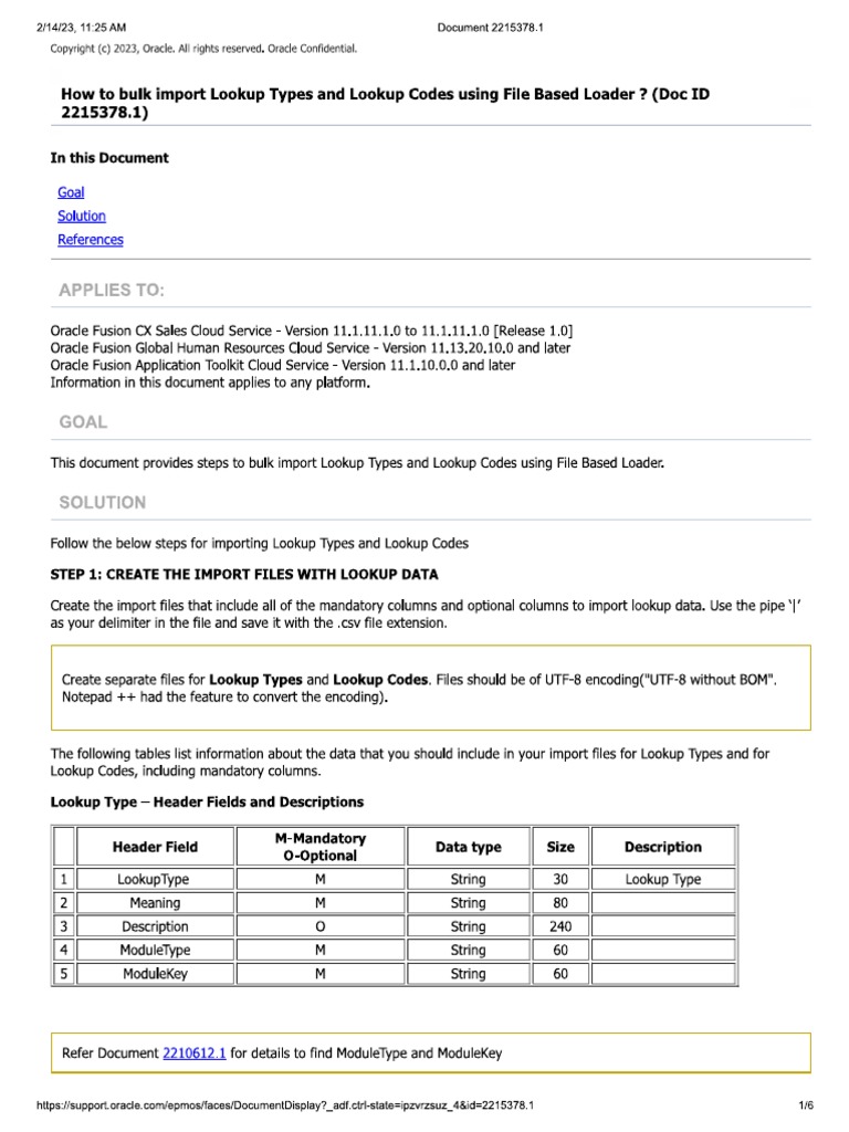 How To Bulk Import Lookup Types and Lookup Code Using FBDI DOC ID 2215378 | PDF
