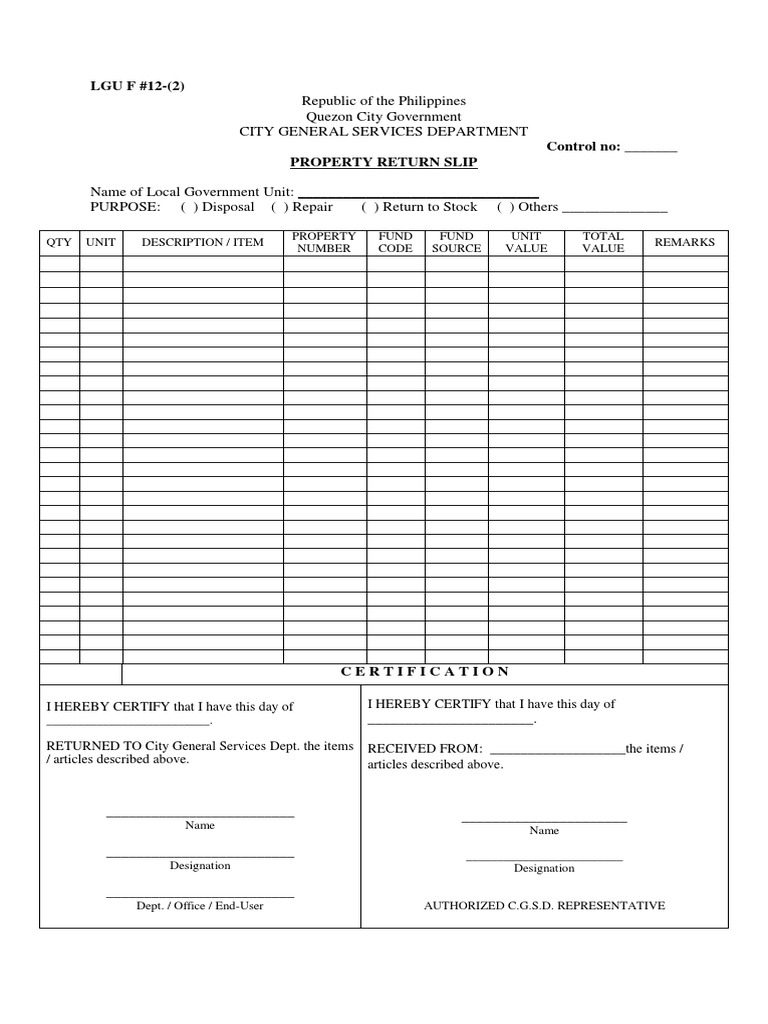 Property Return Slip Form | PDF