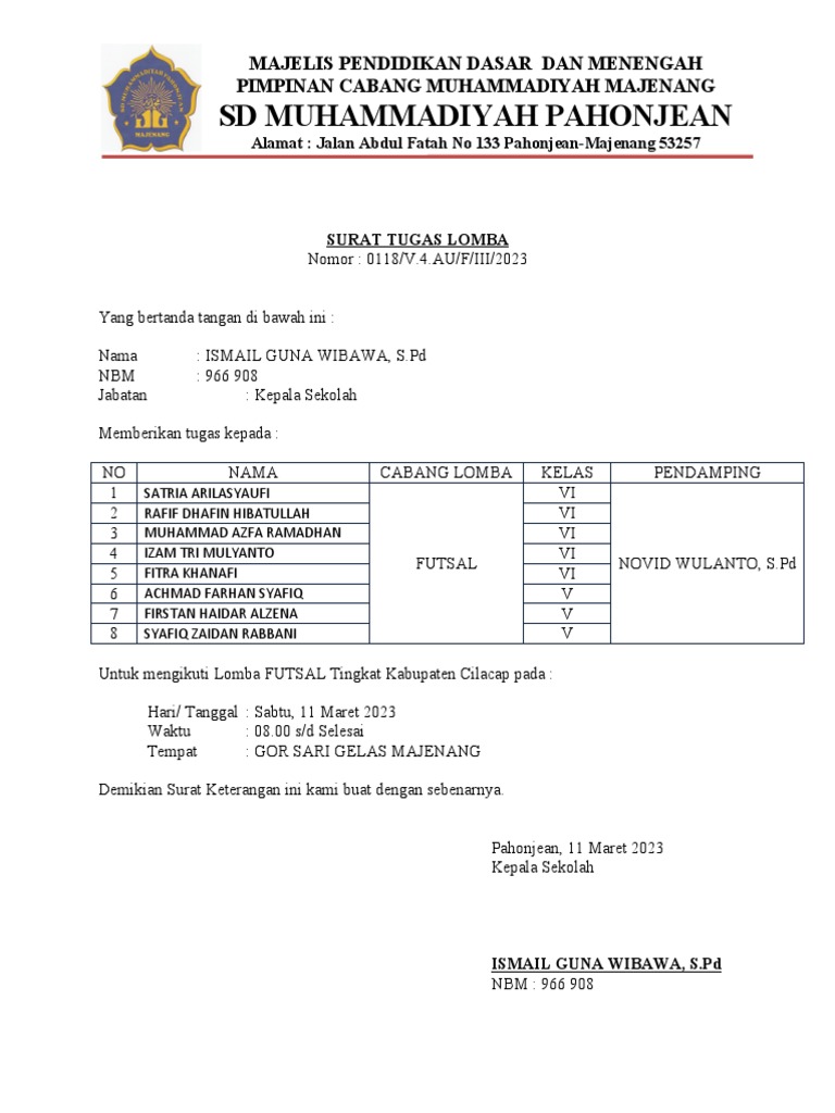 Surat Tugas Lomba | PDF