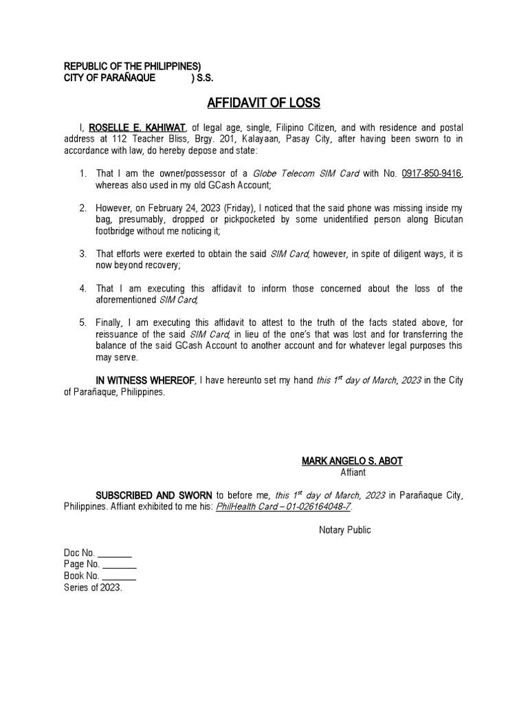 Affidavit for Lost SIM Card | PDF