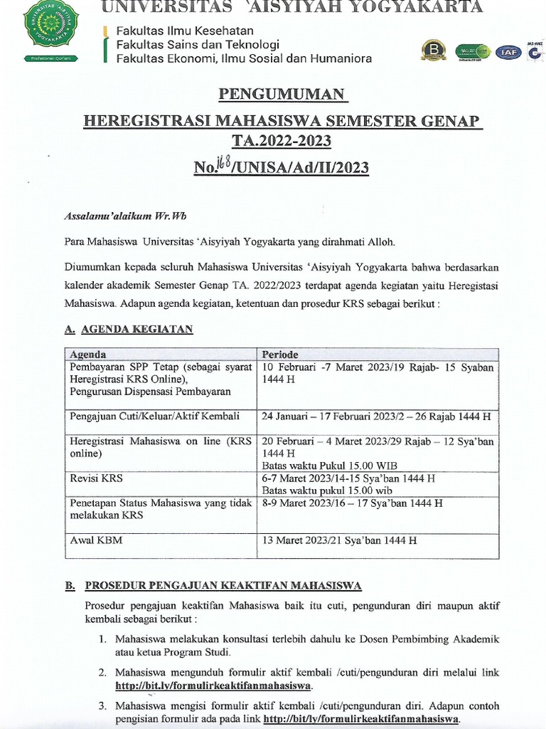 Pengumuman Heregistrasi Mahasiswa Semester Genap TA 2022 2023 PDF | PDF