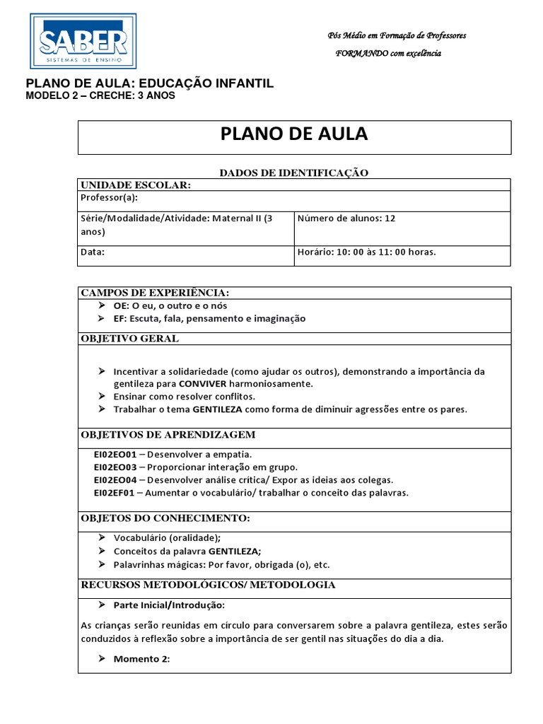 Modelo 02 - Plano de Aula - Maternal PDF | PDF