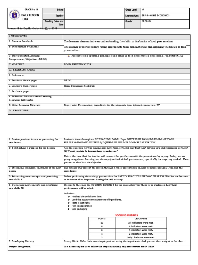 Food Preservation Lesson Plan for TLE 6 | PDF | Learning | Teachers
