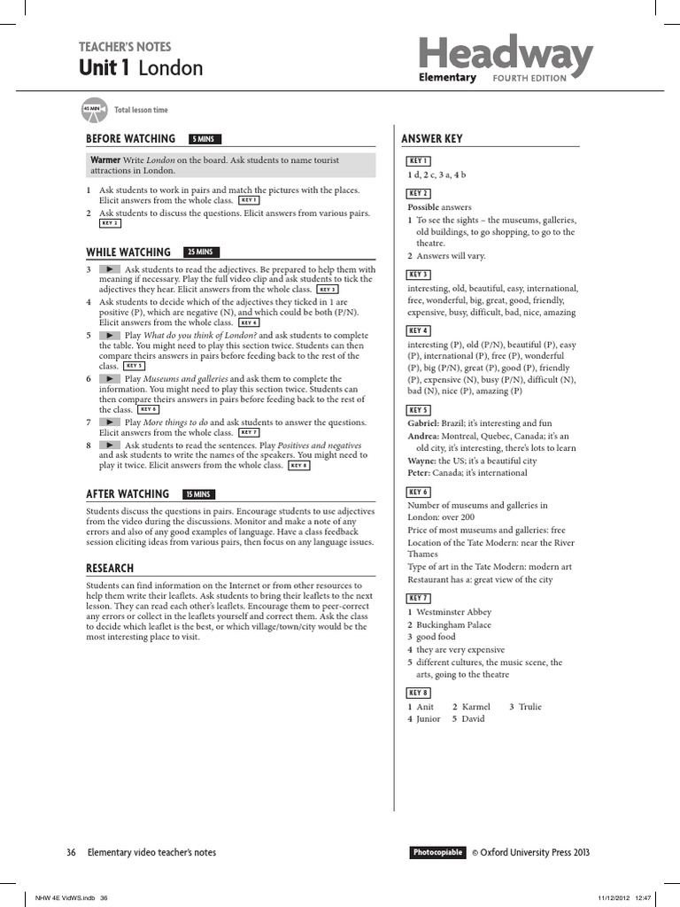 Headway Elementary Video Worksheets | PDF