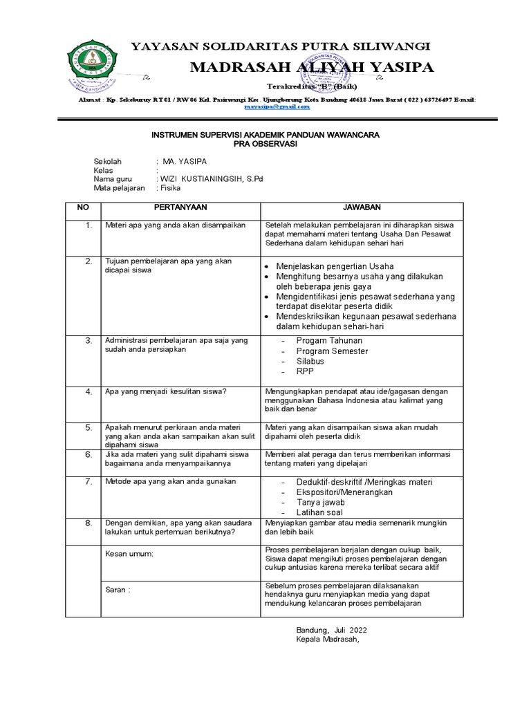 Instrumen Wawancara Supervisi Ma | PDF