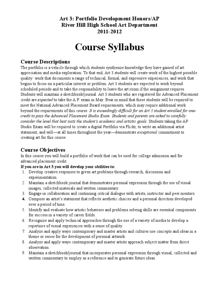 Course Syllabus: Art 3: Portfolio Development Honors/AP River Hill High ...