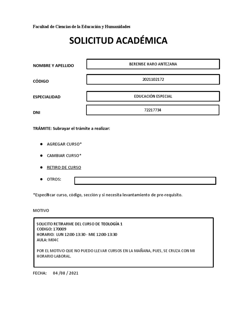 SOLICITUD ACADÉMICA- RETIRO DE CURSO.docx | PDF
