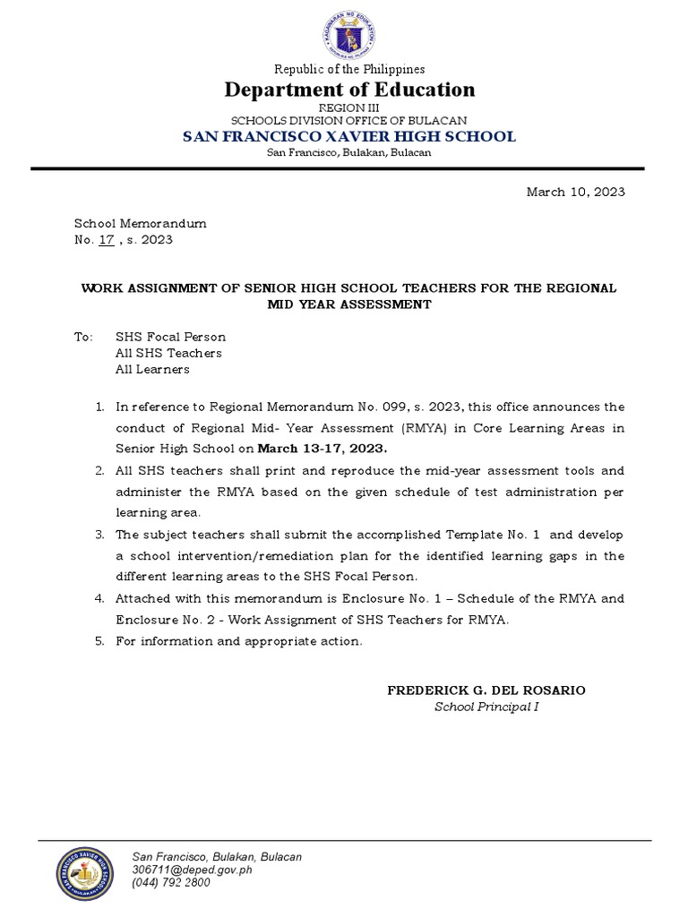 SHS Teachers' Work Assignment for RMYA | PDF | Cognitive Science | Science