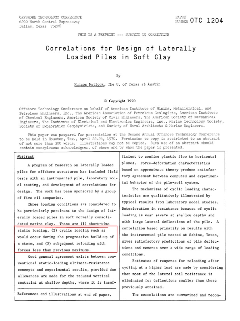 1970-Correlations For Design of Laterally Loaded Piles in Soft Clay PDF | PDF