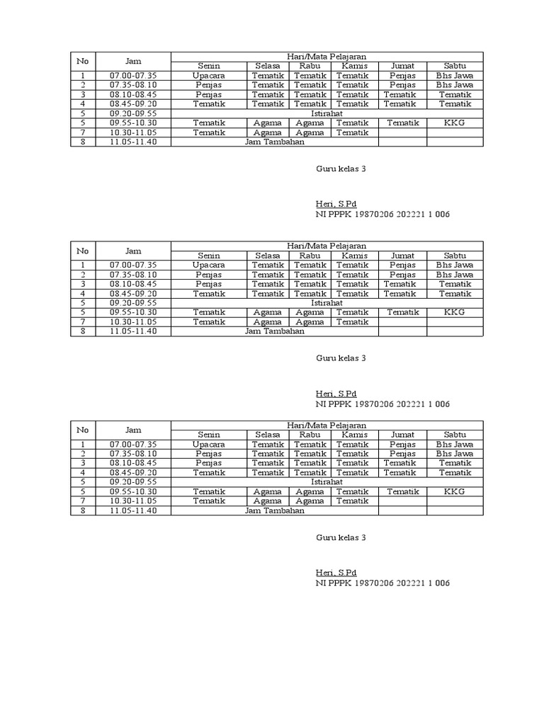Jadwal Pelajaran Kelas 3 Pdf