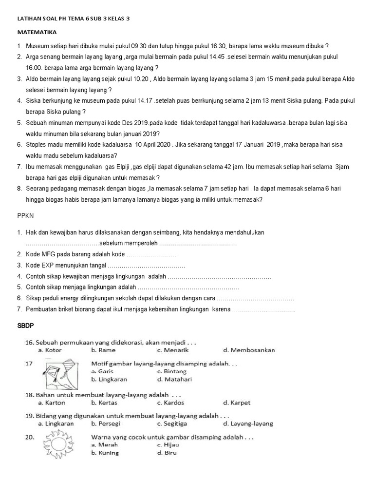 Latihan Soal PH Tema 6 Sub 3 Kelas 3 | PDF