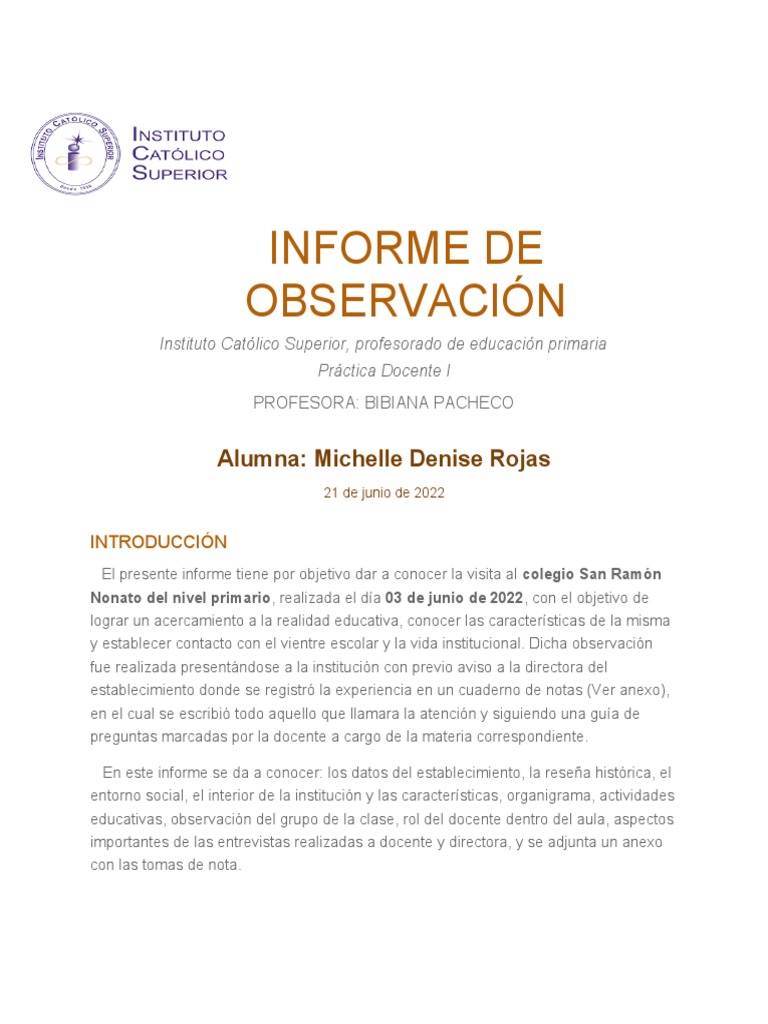 Informe de Observación en Clases Primarias | PDF | Maestros | Educación ...