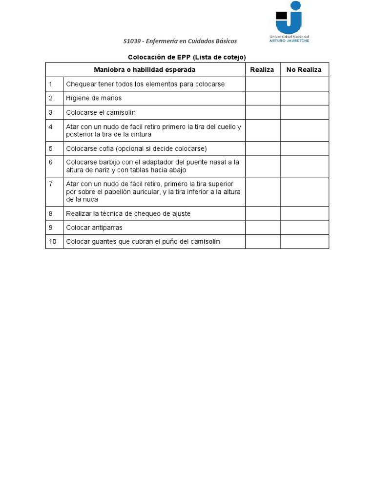 Colocación de EPP. Lista de cotejo.pdf | PDF