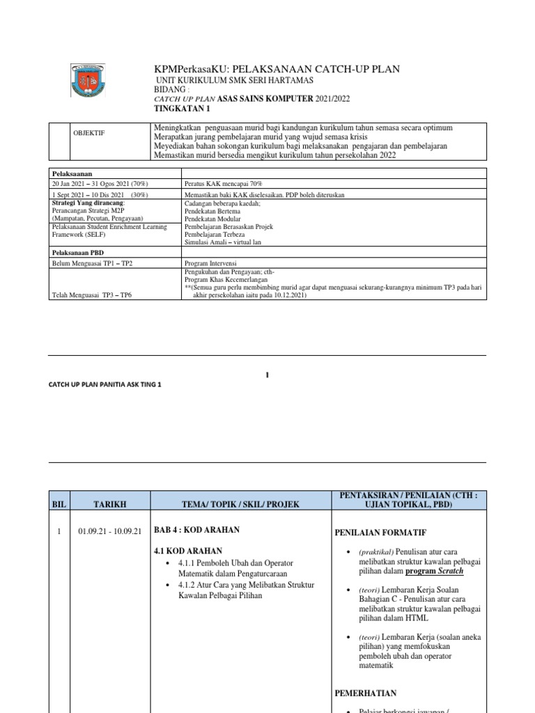 Catch Up Plan Ask Ting 1 | PDF