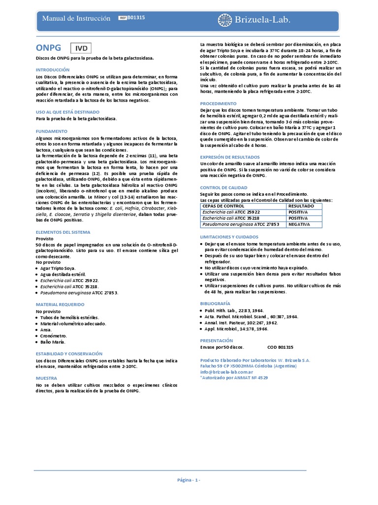 Prueba ONPG para Beta Galactosidasa | PDF | Escherichia coli | Química