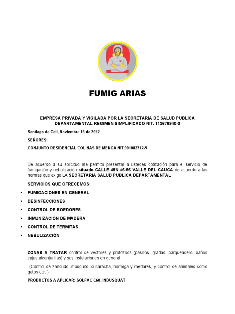 Fumig Arias Cotización Conujunto Residencial Colinas e Menga | PDF