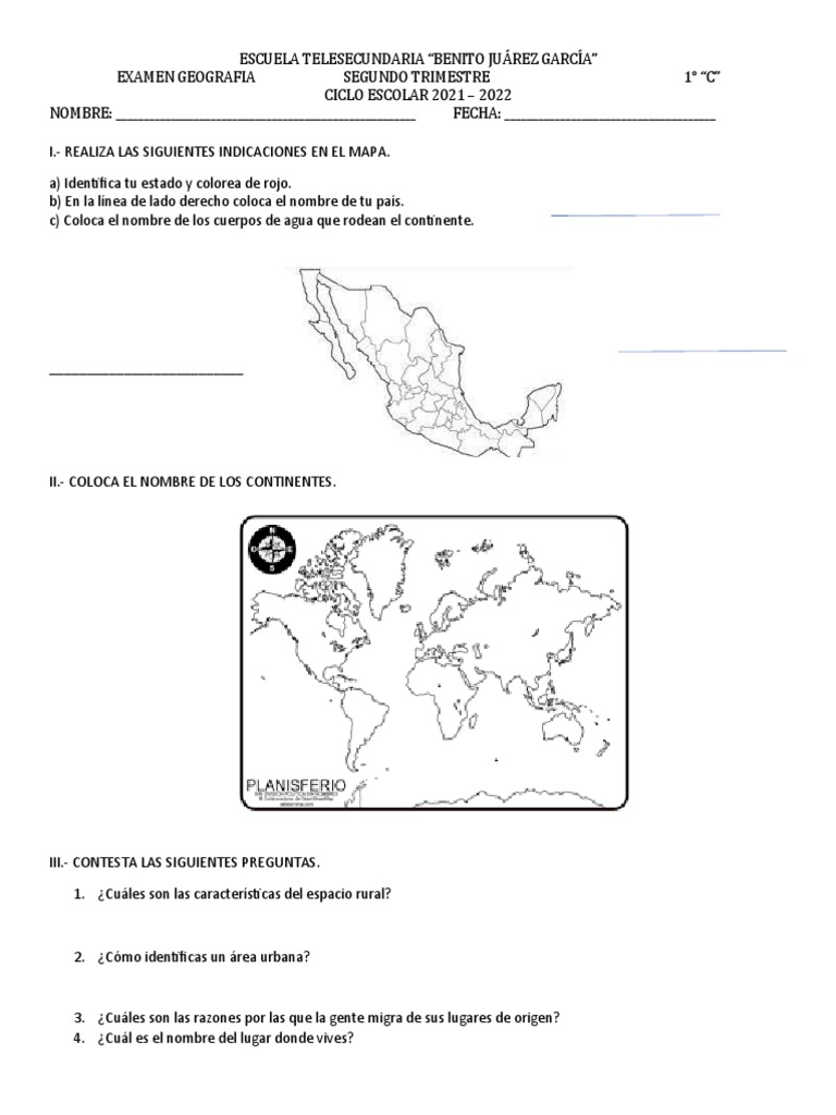Examen Geografia Primer Grado Telesecundaria 2T | PDF