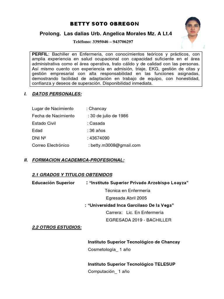 CV Betty Soto Obregon | PDF | Enfermería | Medicina