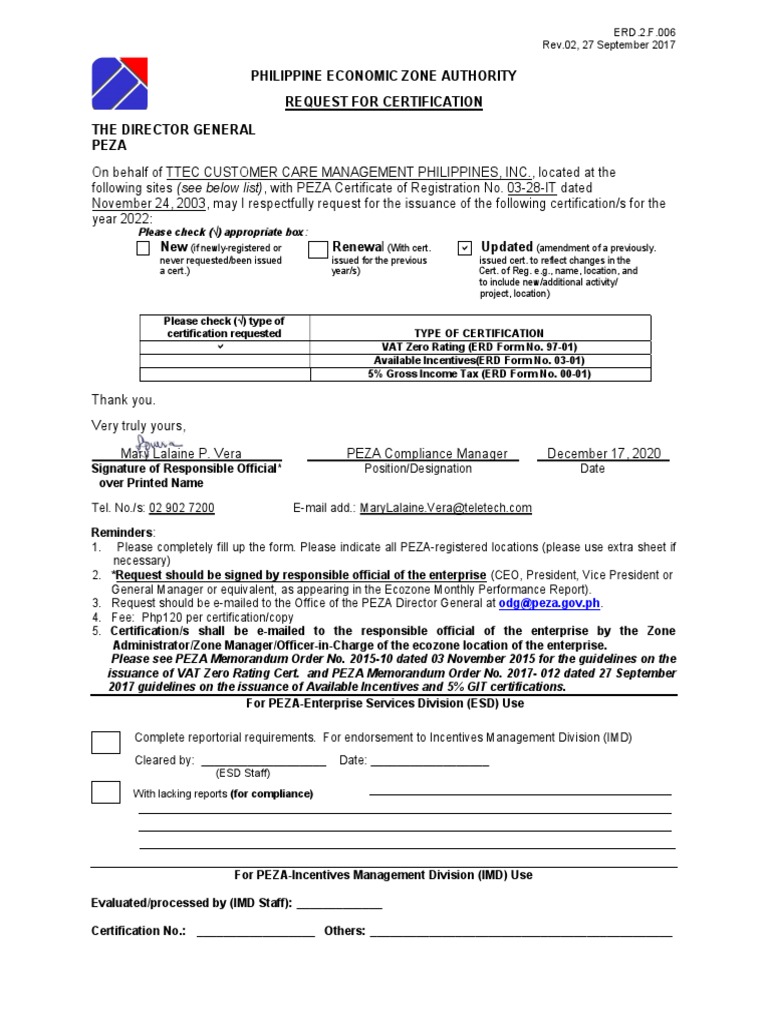 REQUEST FOR CERTIFICATION (VAT Cert 2022) - TCCMPI - Amendment PDF ...
