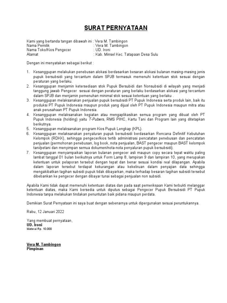 Contoh Surat Pernyataan Pengecer | PDF