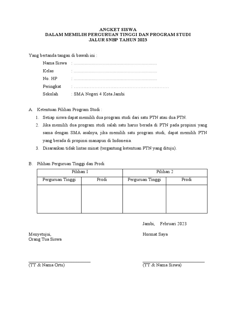 Angket Pilihan PT Dan Prodi SNBP 2023 | PDF