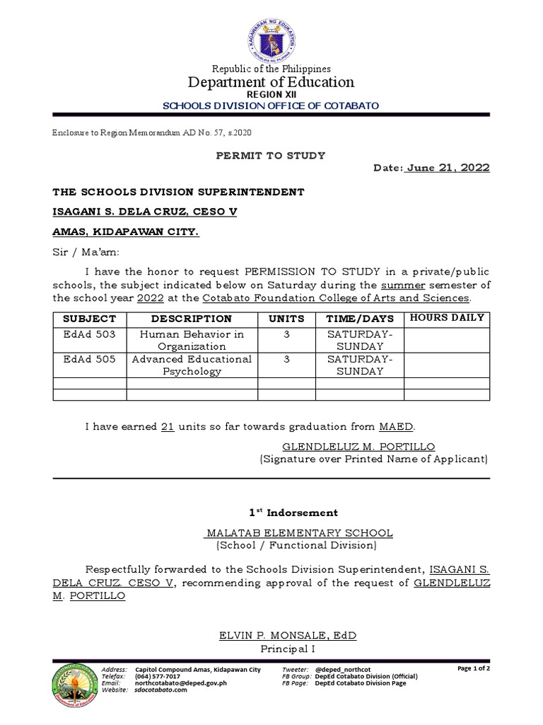 PERMIT TO STUDY FORM 2021 Portillo | PDF | Psychology