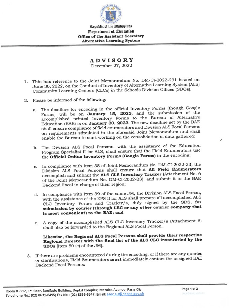 ADVISORY Conduct of Inventory of ALS CLCs in The SDOs | PDF