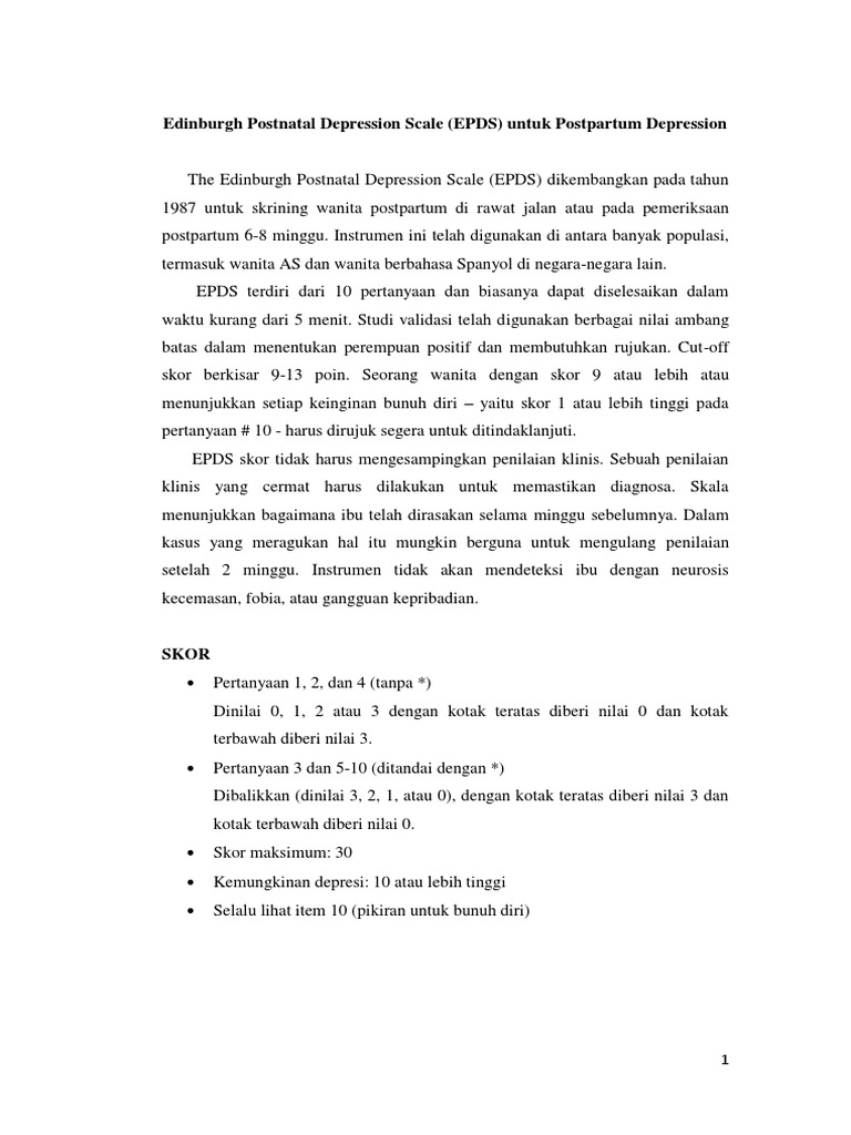 Edinburgh Postnatal Depression Scale Epd Bhs Indonesia Pdf