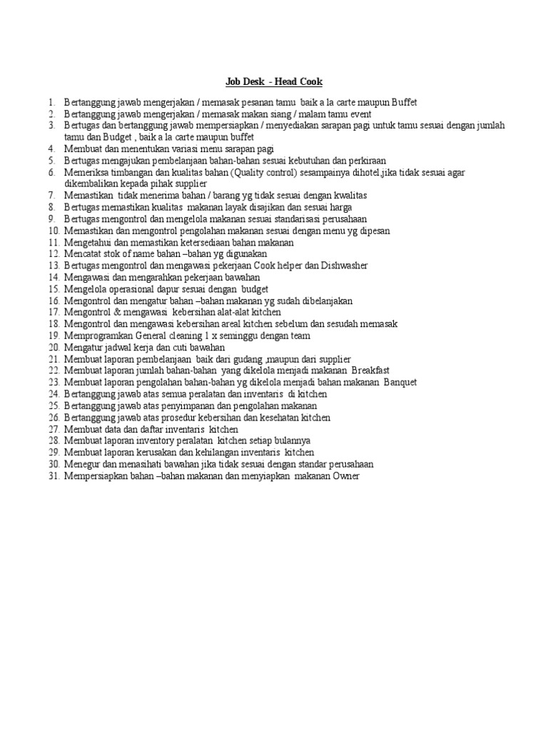 Job Desk - Head Cook - Kitchen | PDF