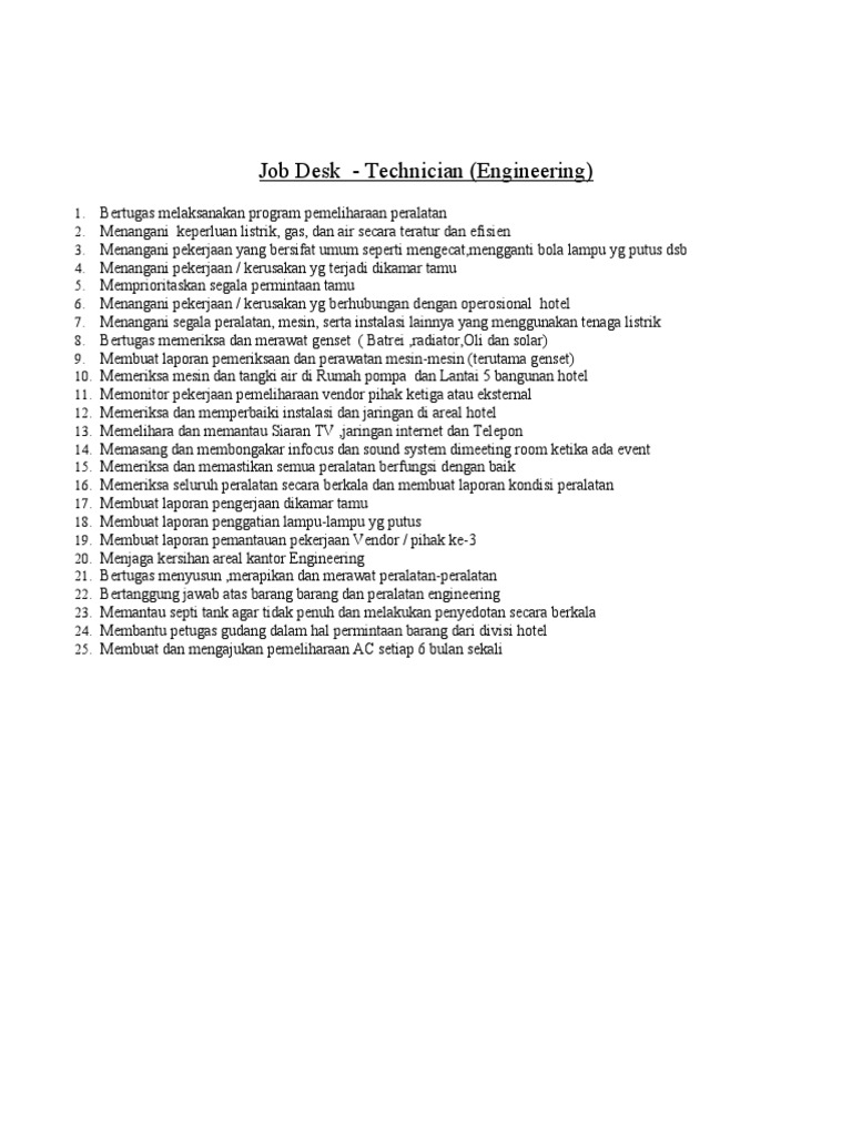 Job Desk - Engineering Attendant | PDF