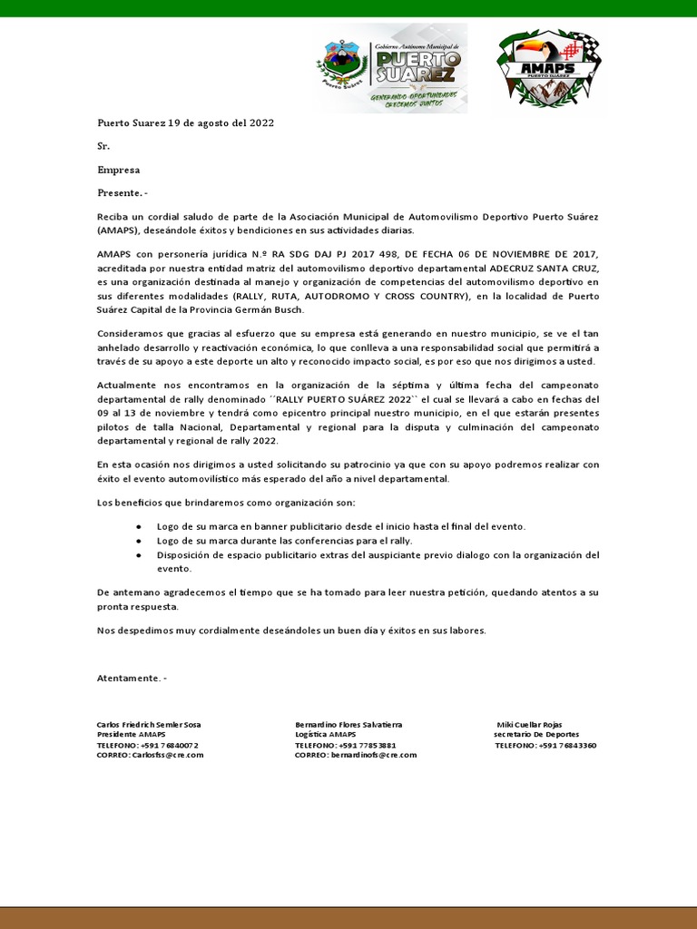 Carta Solicitud AMAPS (CORREGIDO) | PDF | Carrera de autos
