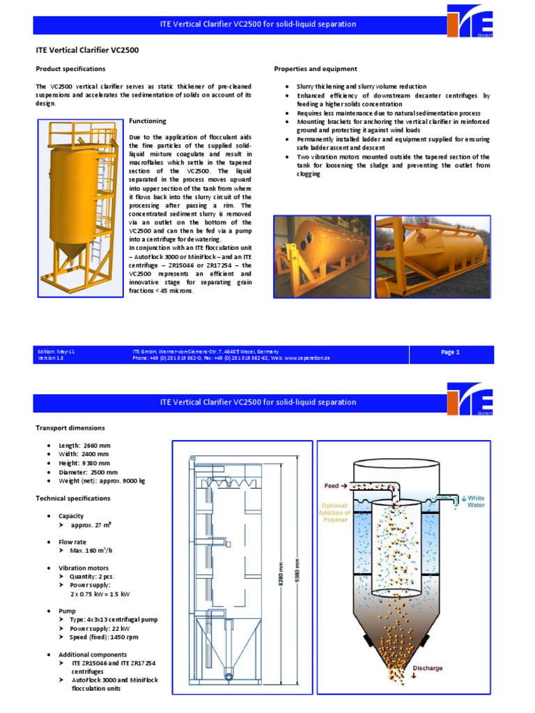 Data Sheet ITE Vertical Clarifier VC2500 Version1 3 E | PDF | Centrifuge | Physical Sciences