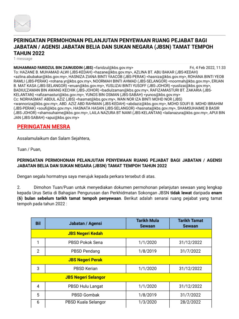 Peringatan Permohonan Pelanjutan Penyewaan Ruang Pejabat Bagi Jabatan ...