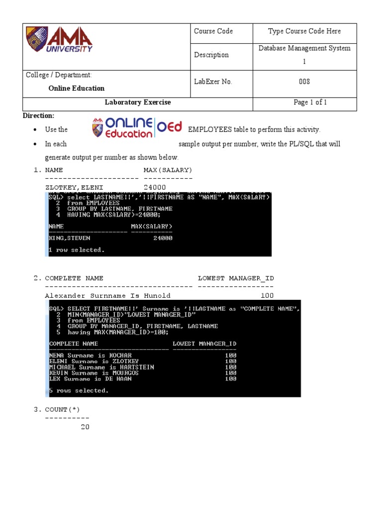 Database Management System Lab Exercise 008 | PDF | Information Technology Management ...
