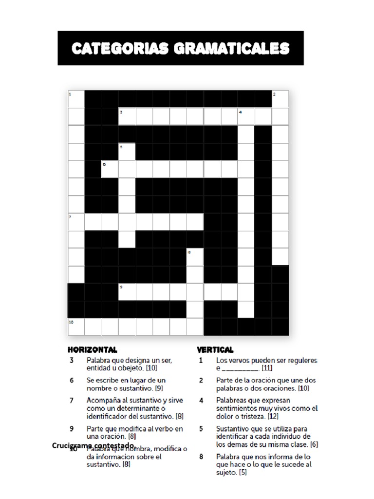 Crucigrama de Categorias Gramaticales | PDF
