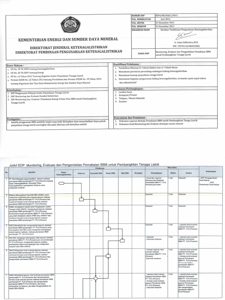 8b934 Sop Monitoring Evaluasi Dan Pengendalian Pemakaian BBM Untuk Pembangkit Tenaga Listrik PDF ...