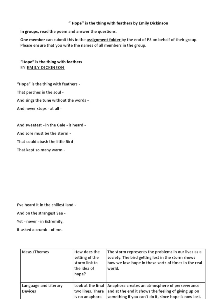 ''Hope'' Is The Thing With Feathers Worksheet | PDF