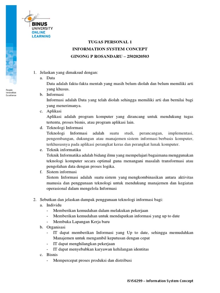 Tugas Information System Concept - Ginong P Rosandaru 2502020503 PDF | PDF