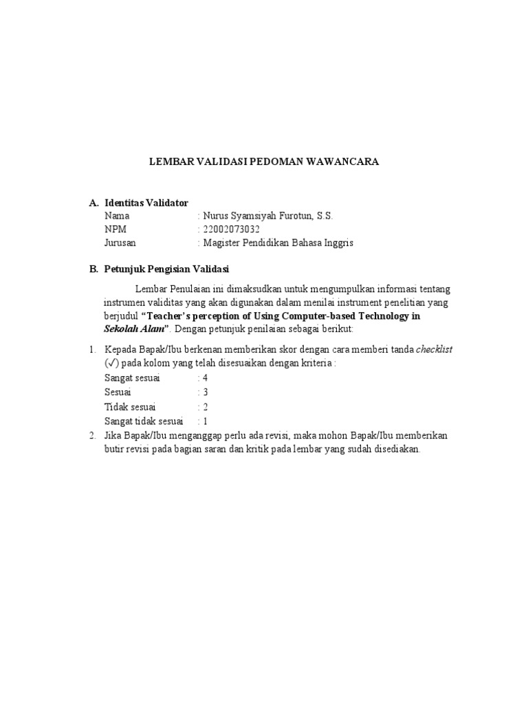 LEMBAR VALIDASI PEDOMAN WAWANCARA Oke | PDF