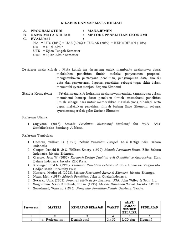 SILABUS DAN SAP MATA KULIAH Metode Penelitian Ekonomi | PDF