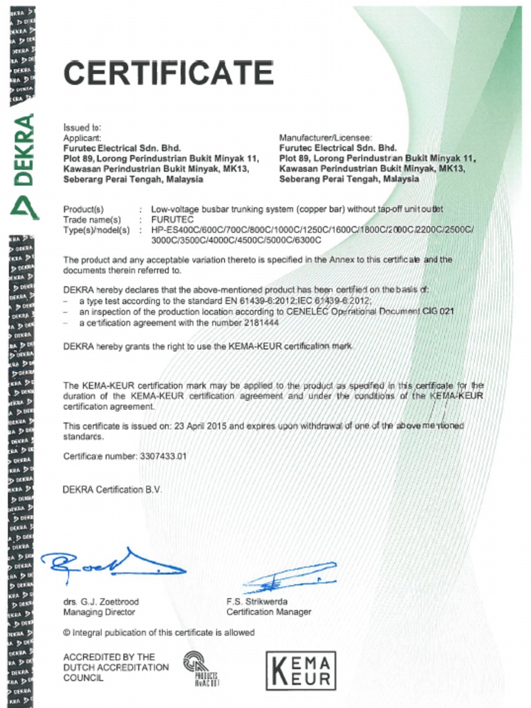 5.1 KEMA KEUR Cert (Furutec) 3307433.01-230415 | PDF