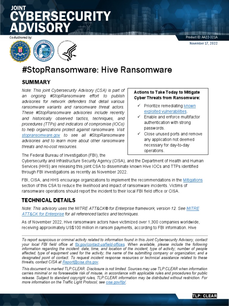 Cybersecurity Advisory StopRansomware Hive Ransomware 1668732638 | PDF ...